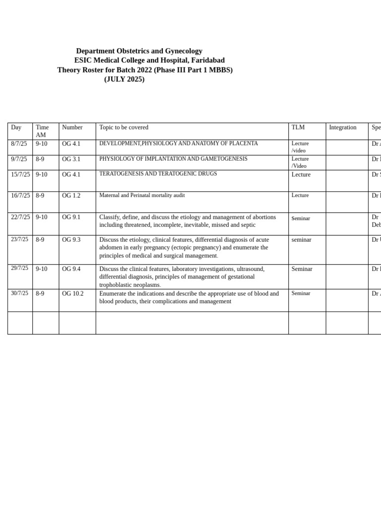 OBG Theory Roster 5th Semester Batch 2022 Wef 14 Jan | PDF