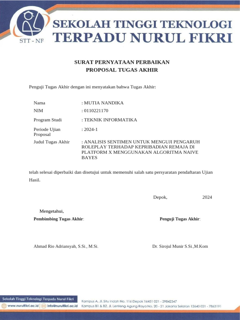 Surat Pernyataan Perbaikan Proposal TA STT NF | PDF