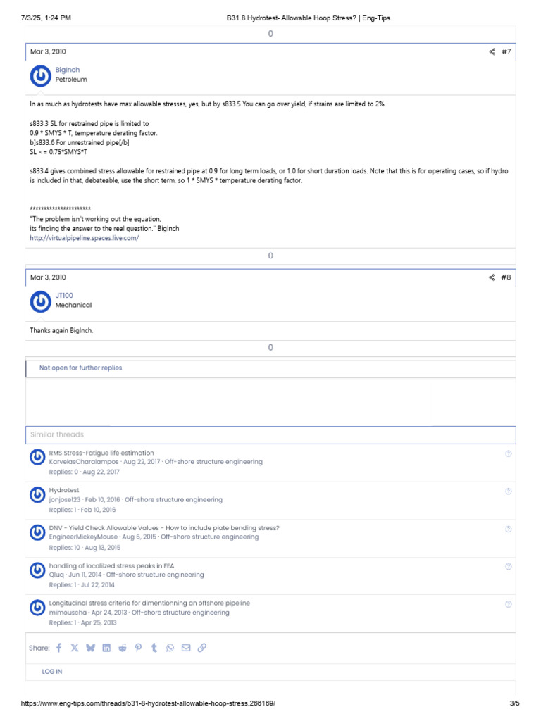 B31.8 Hydrotest - Allowable Hoop Stress - Eng-TipsPart-2 | PDF ...