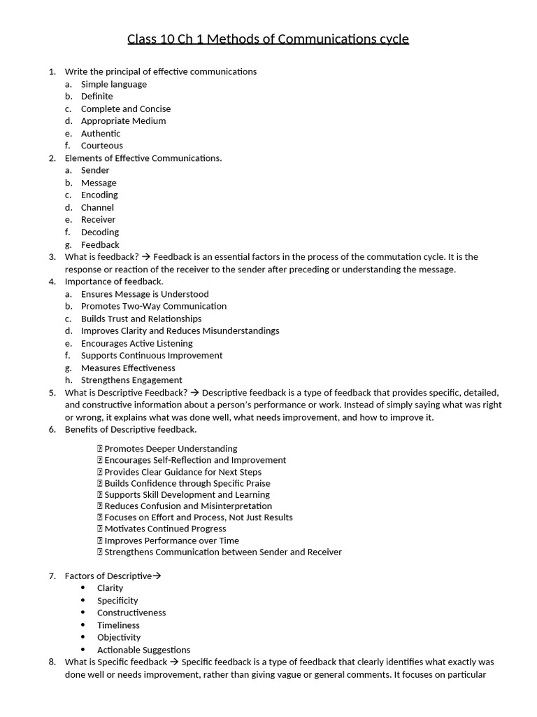 Communication Cycle and Feedback Class 10 | PDF | Communication | Cognition