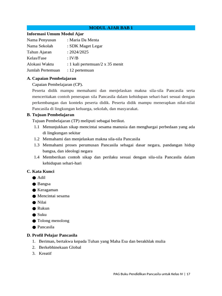 7.1 MODUL AJAR BAB 1 Kelas IV (Pend. Pancasila) | PDF