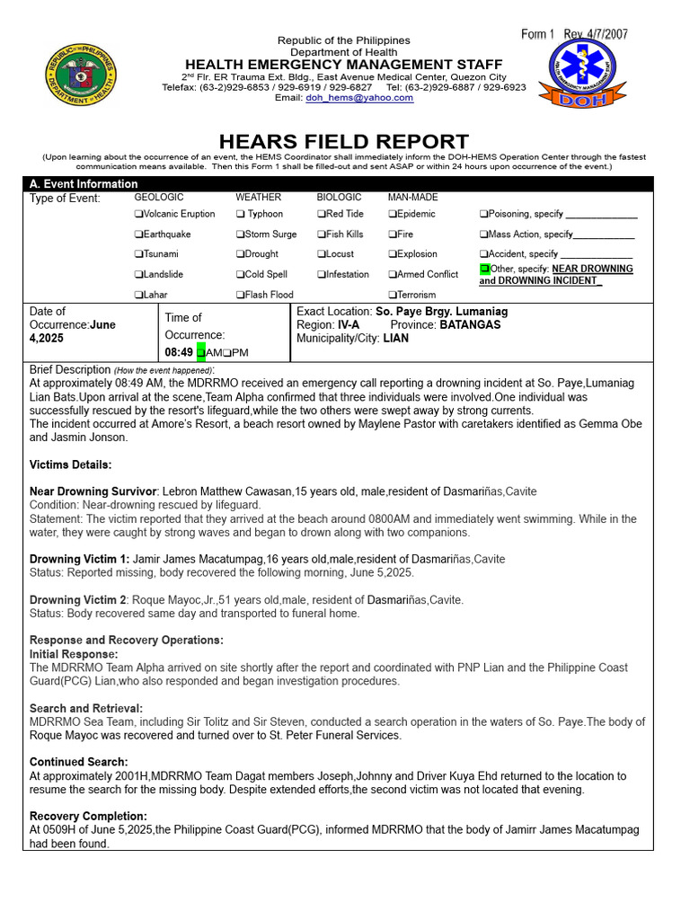 Lian HEARS Field Report Near Drowning and Drowning Incident June 42025 ...