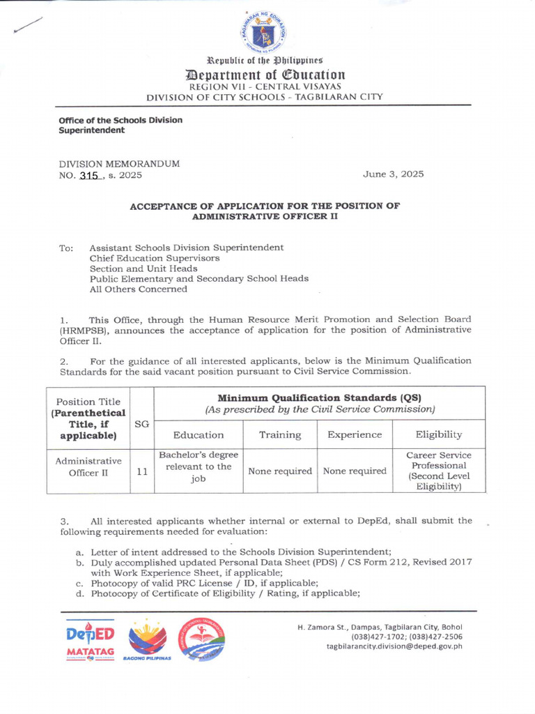 DM No. 315 S. 2025 Acceptance of Application For The Position of ...