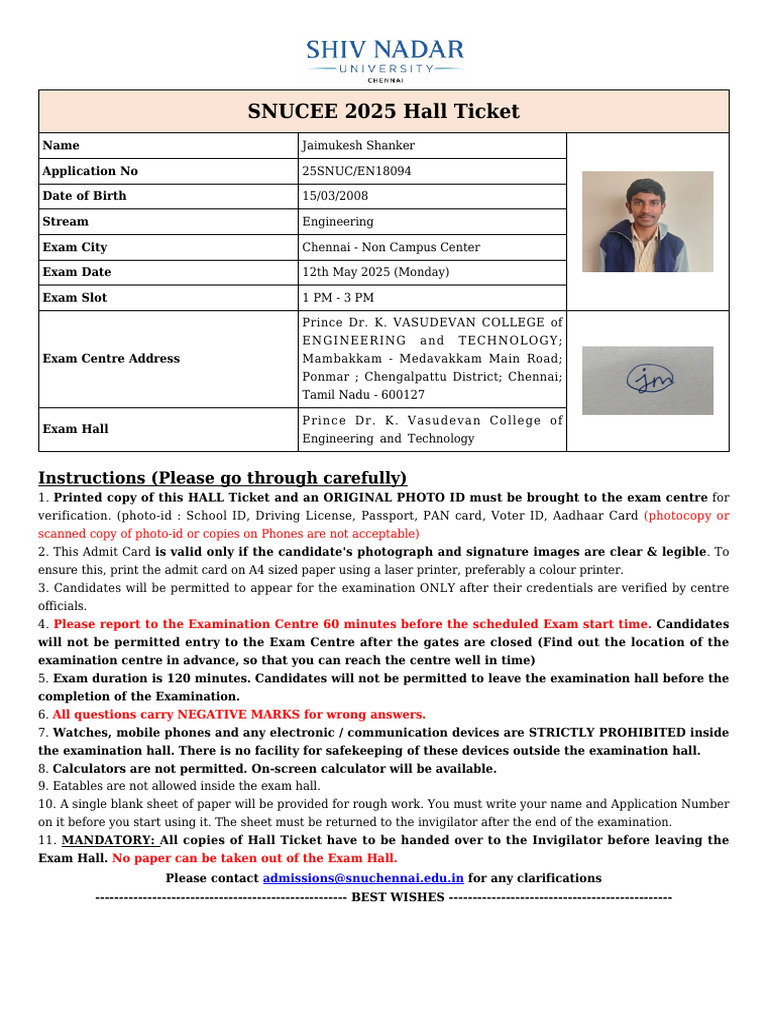 Snucee Hall Ticket 25snuc En18094 | PDF