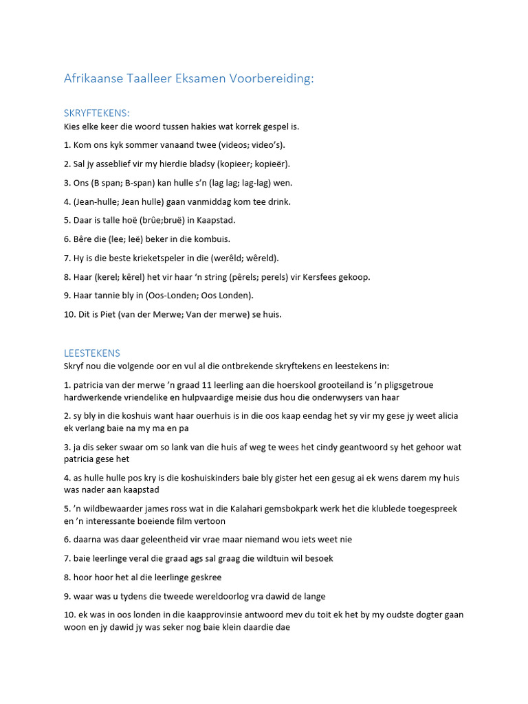 Afrikaanse Taalleer Eksamen Voorbereiding | PDF