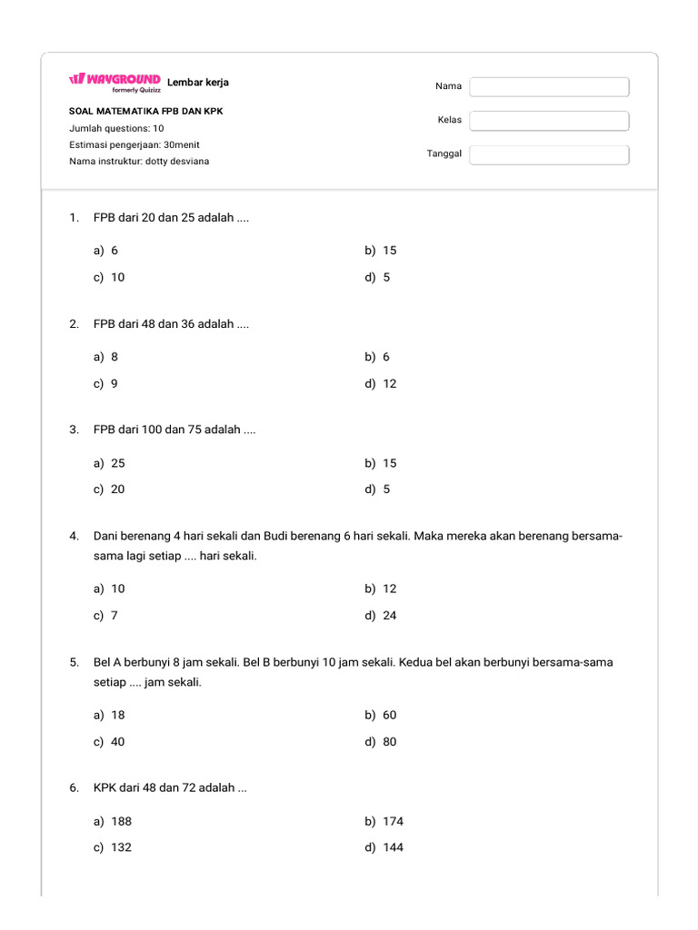 Soal FPB dan KPK Kelas 7 SMP | PDF