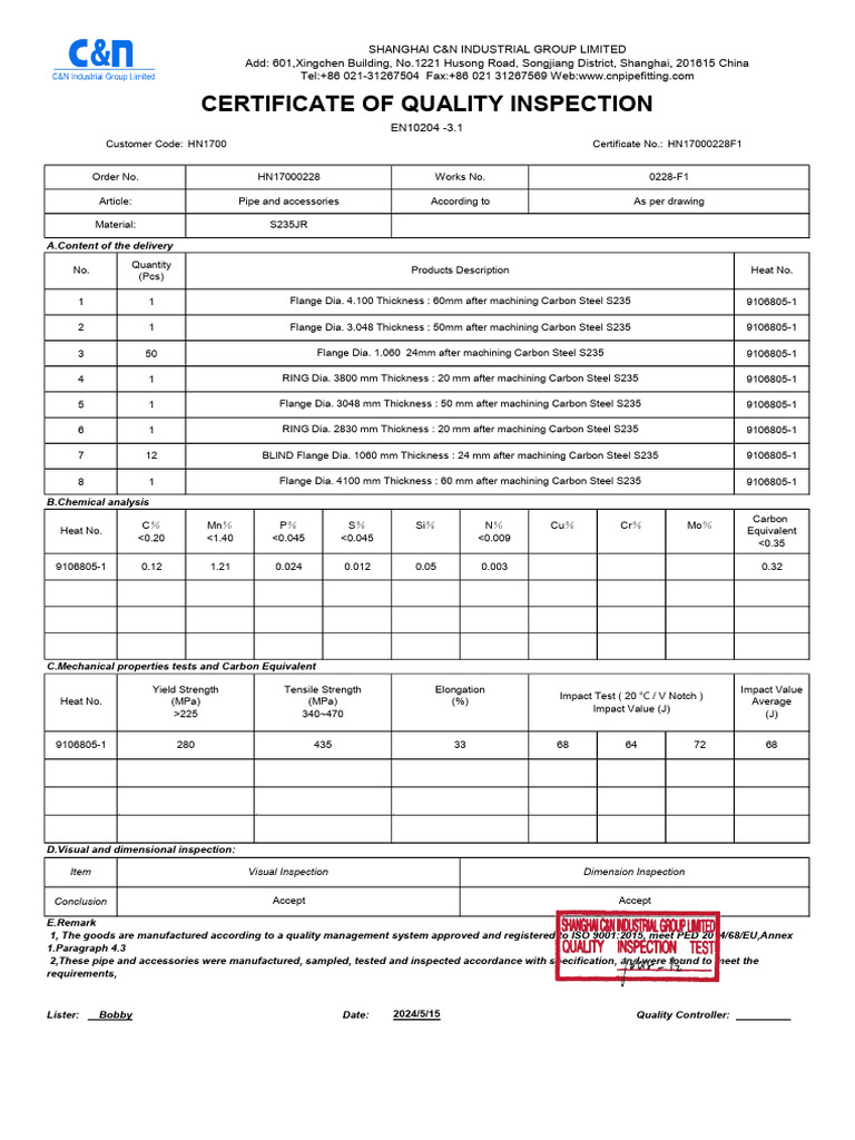 0824 Flanges N01060228 S235JR MTC | PDF | Pipe (Fluid Conveyance) | Steel
