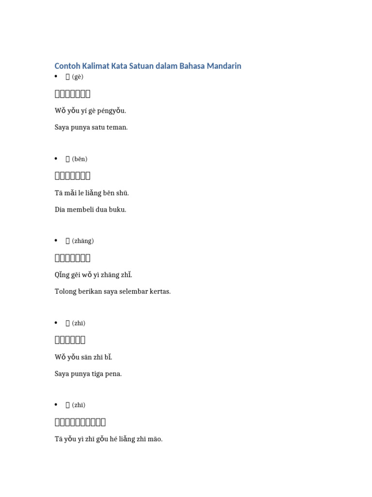 Contoh Kalimat Kata Satuan Mandarin | PDF