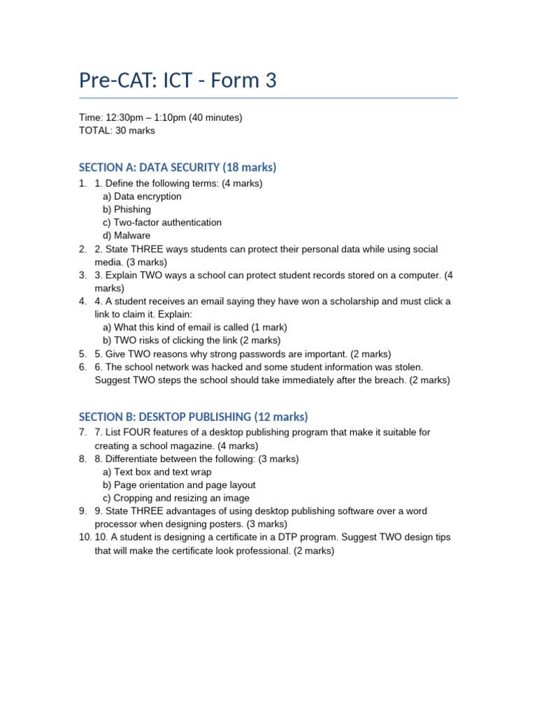 Pre-Cat Form3 Ict | PDF