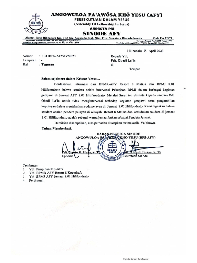 Surat Cinta BPS Kepada Pdt. Obedi La'Ia | PDF