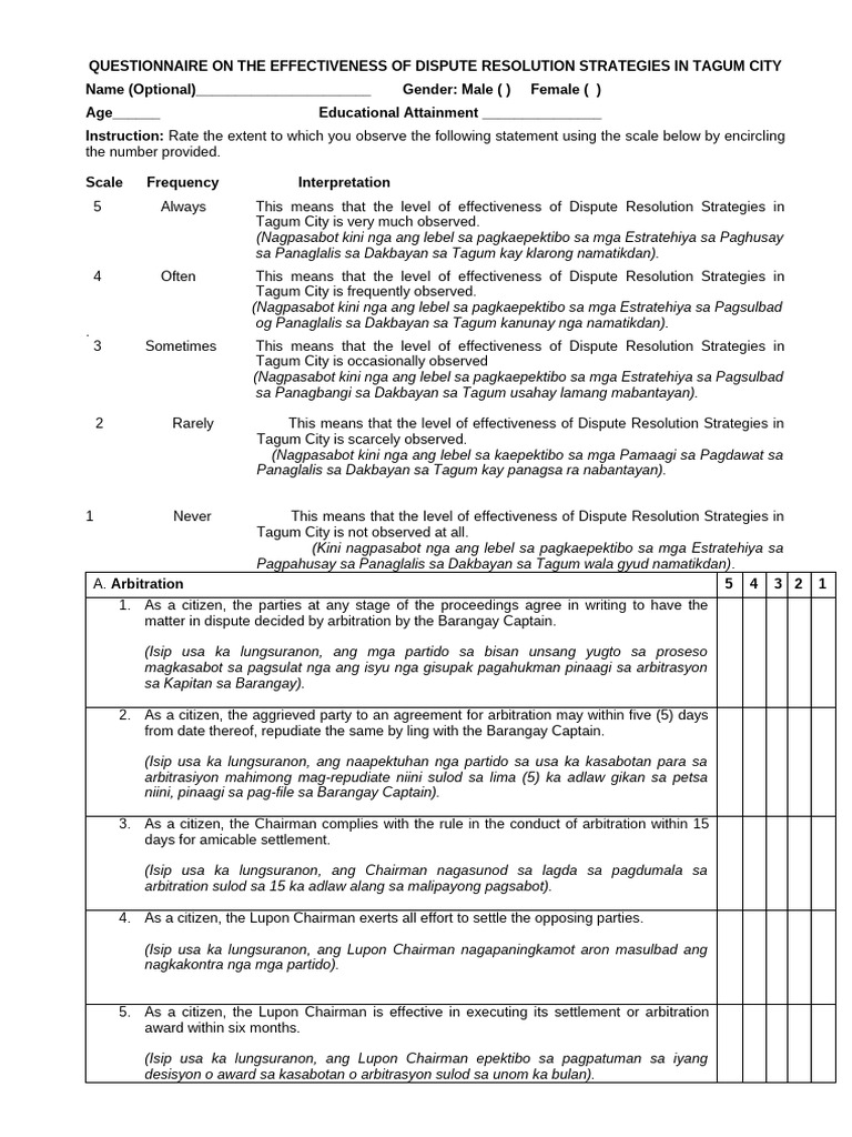 Questionnaire On The Effectiveness of Dispute Resolution .2 1 | PDF