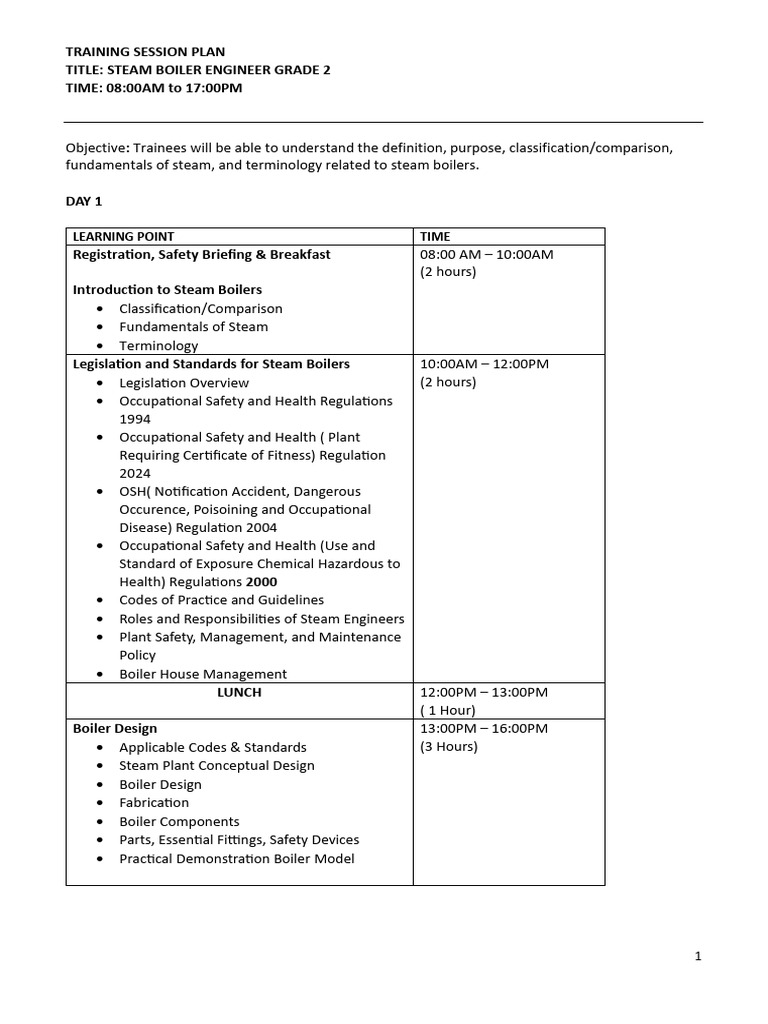 Training Session Plan - Steam Boiler Engineer (Grade 2) | PDF | Boiler ...