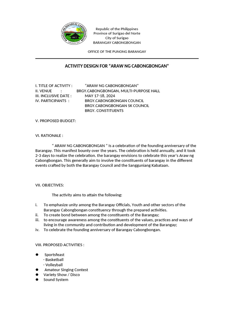 Araw ng Cabongbongan Activity Design | PDF