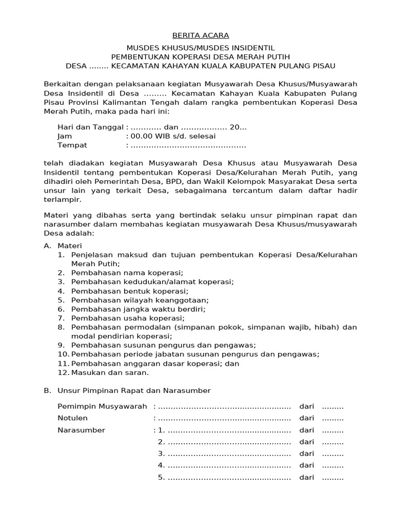 Contoh 1 BA. Musdes Pendirian Kopdes Merah Putih | PDF