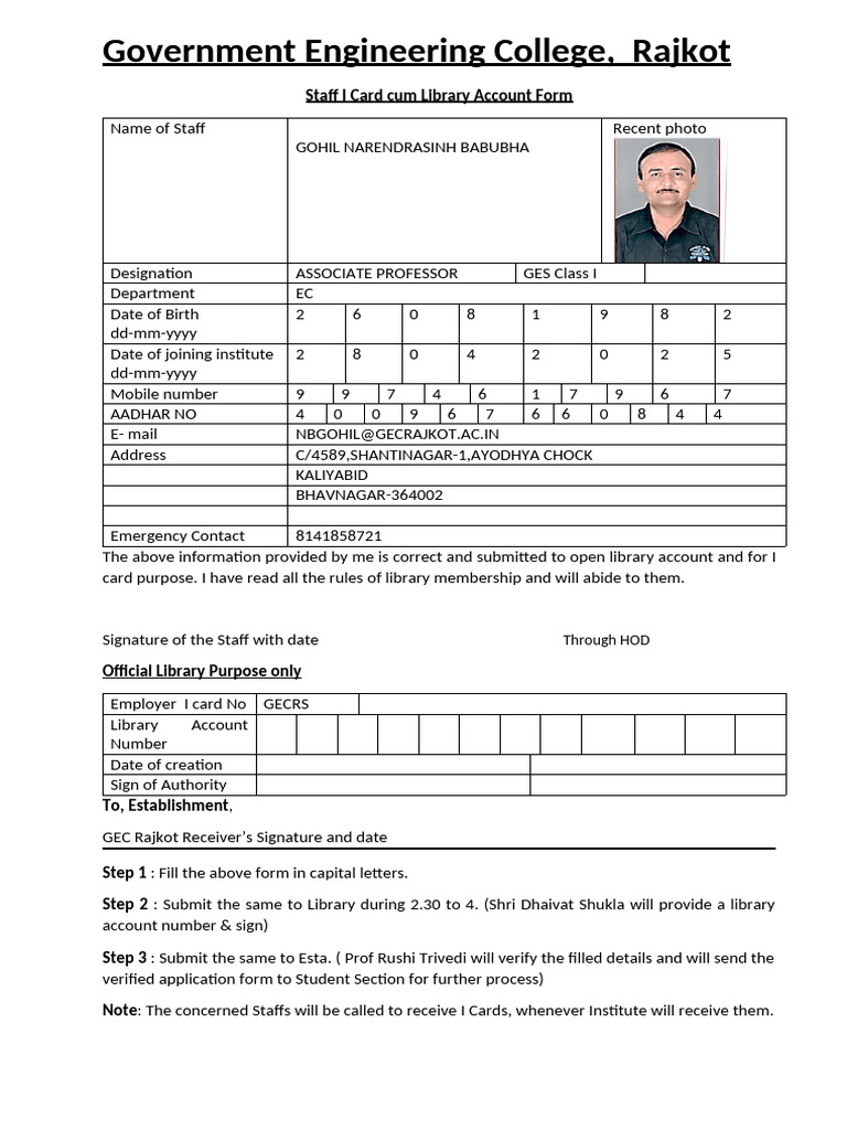 Staff I Card - Application Form - GECR | PDF