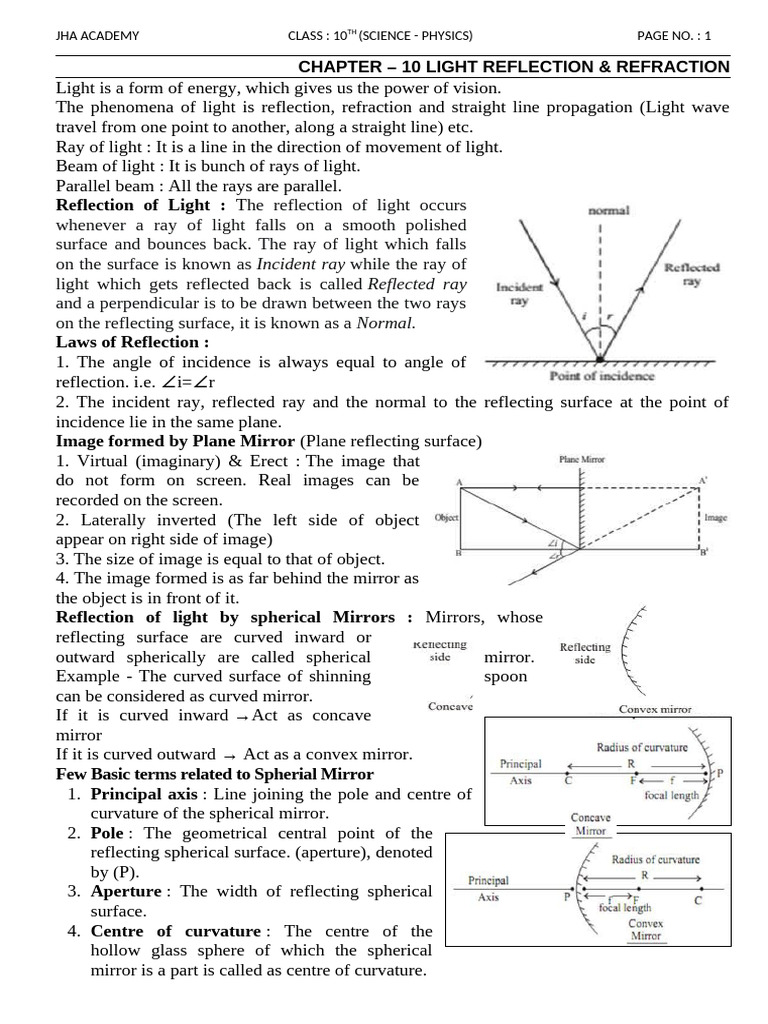 Class 10 Physics: Light Reflection & Refraction | PDF | Reflection ...
