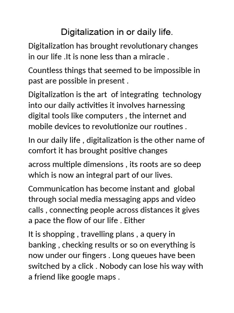 Digitalization in or Daily Life Essay | PDF | Cyberspace | Computing