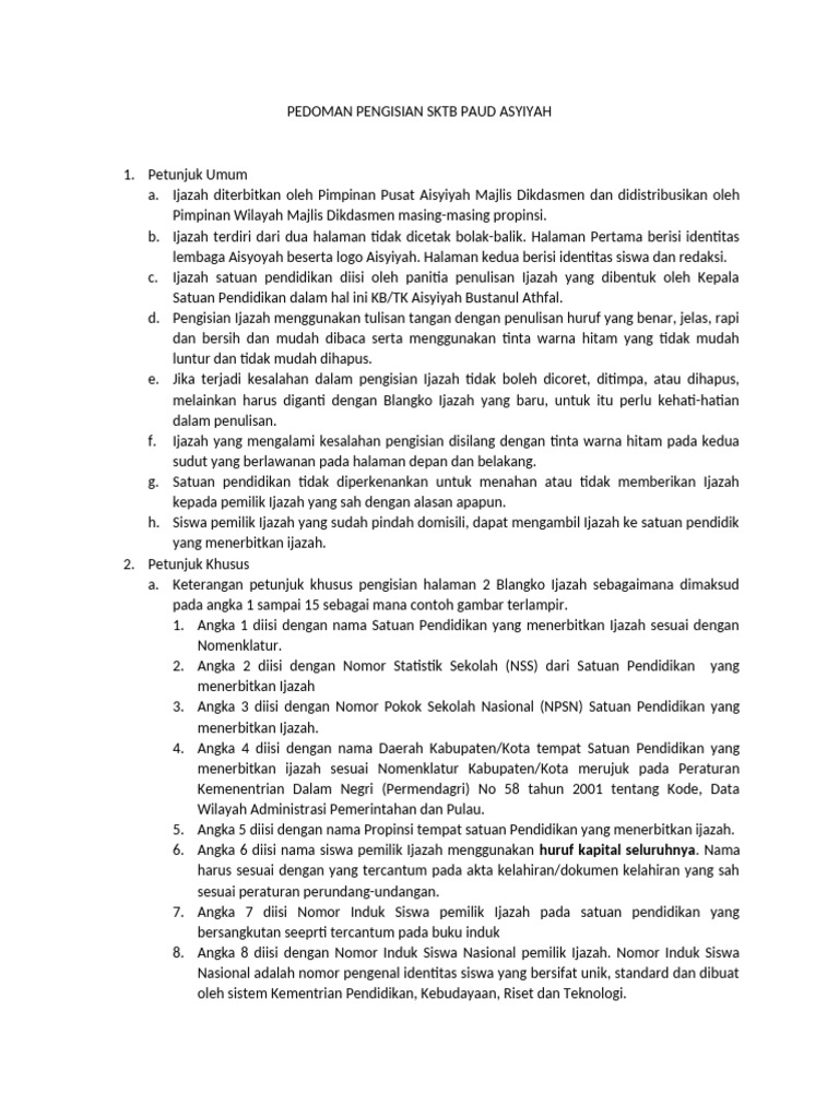 Pedoman Pengisian SKTB Paud Asyiyah | PDF