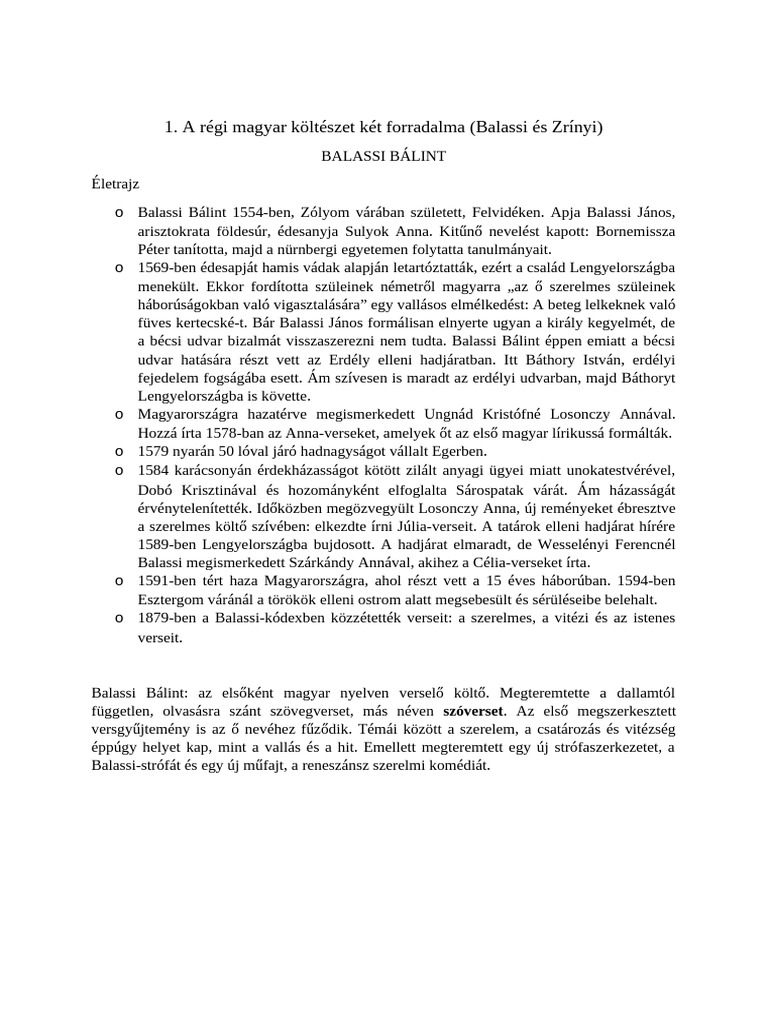 A Régi Magyar Költészet Két Forradalma Balassi És Zrínyi | PDF
