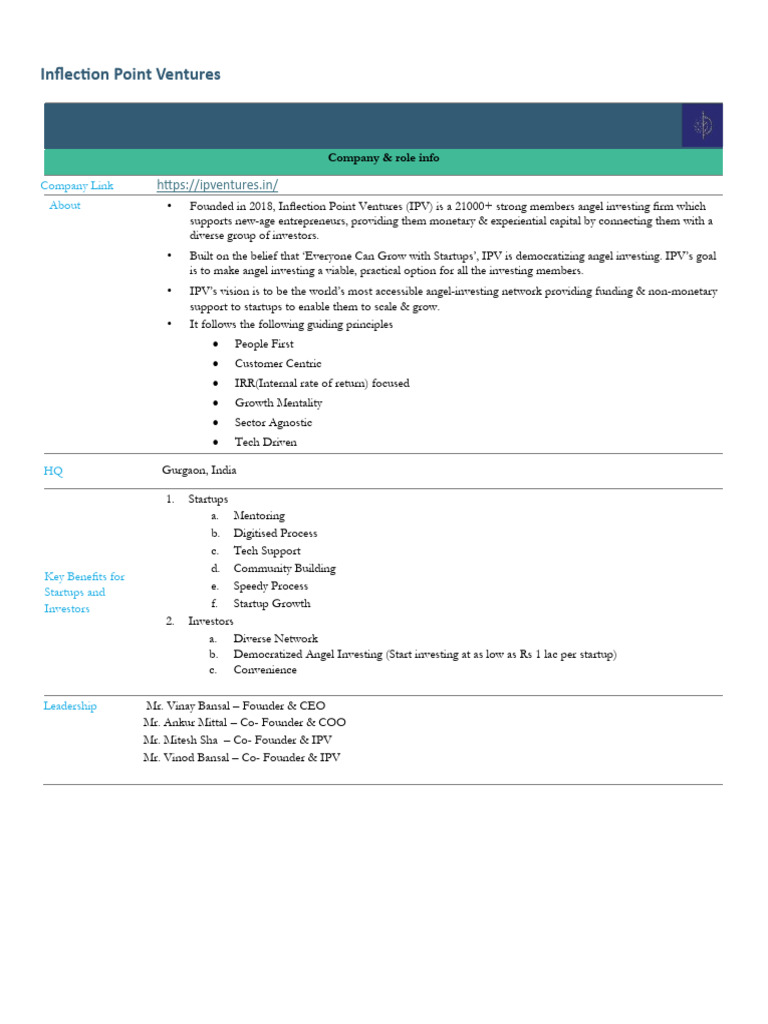 Inflection Point Ventures | PDF | Startup Company | Small Business & Entrepreneurs