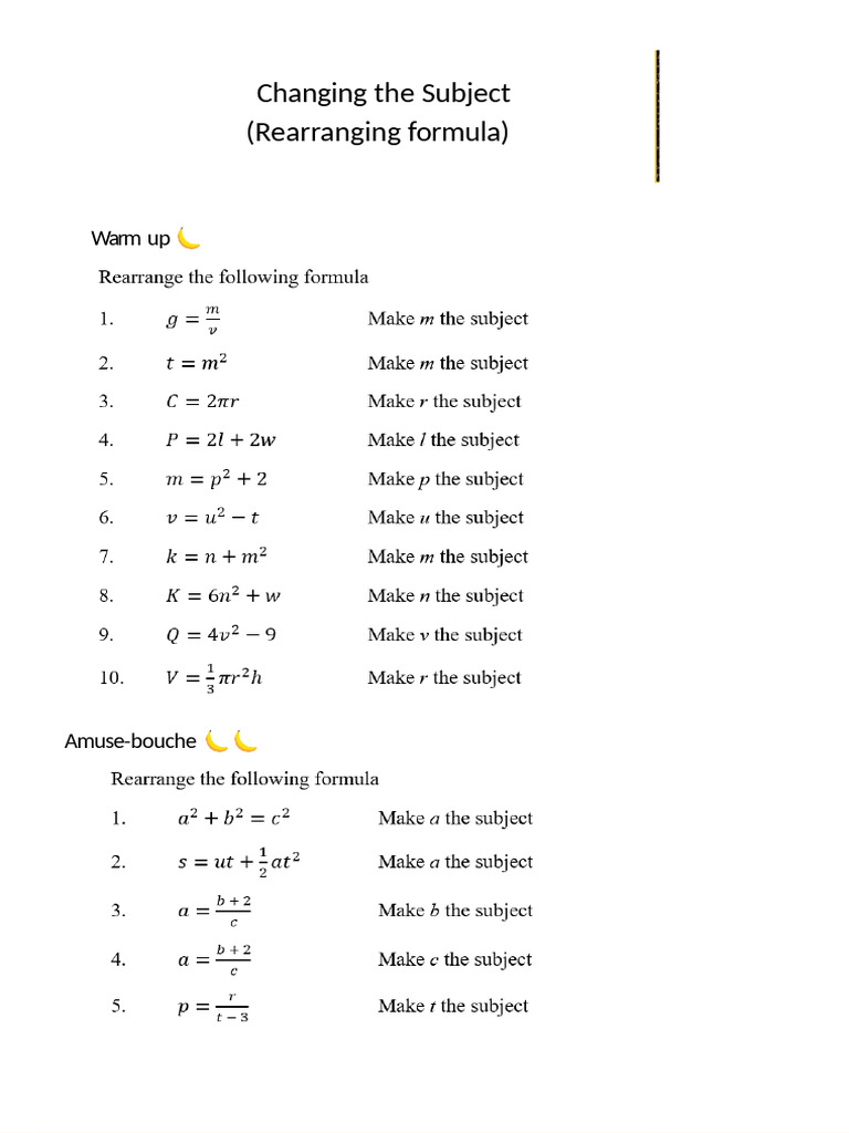Changing The Subject Worksheet | PDF