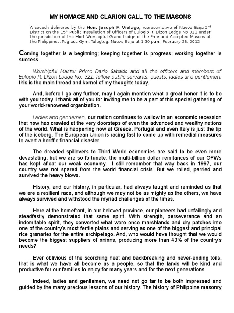 Speech Re Masonry | Freemasonry | Philippines