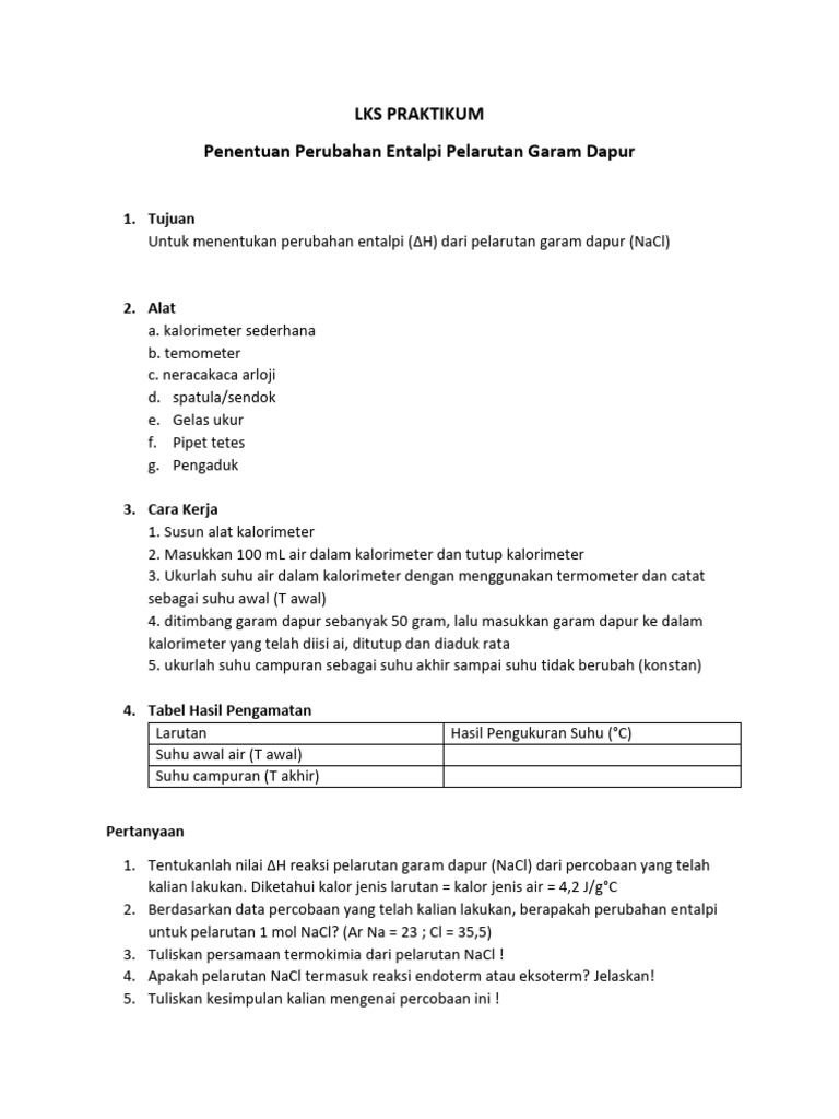 Entalpi Pelarutan Garam Dapur NaCl | PDF