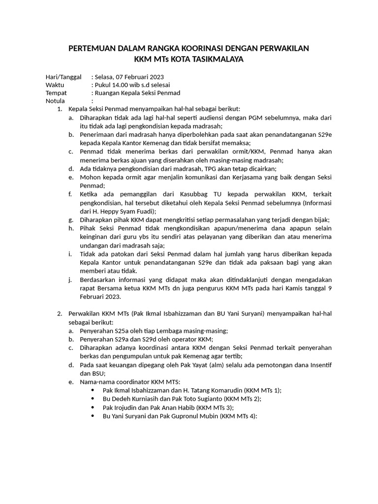 Pertemuan Dalam Rangka Koorinasi Dengan Perwakilan KKM Mts | PDF