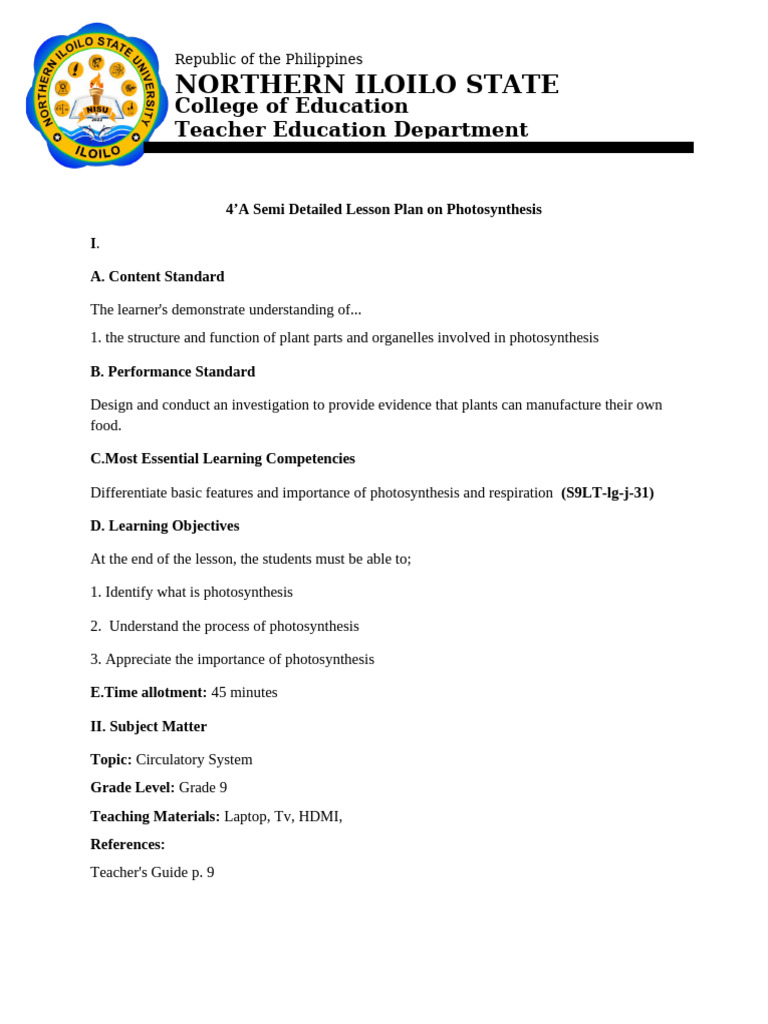 Photosynthesis Lesson Plandocx | PDF | Photosynthesis | Leaf
