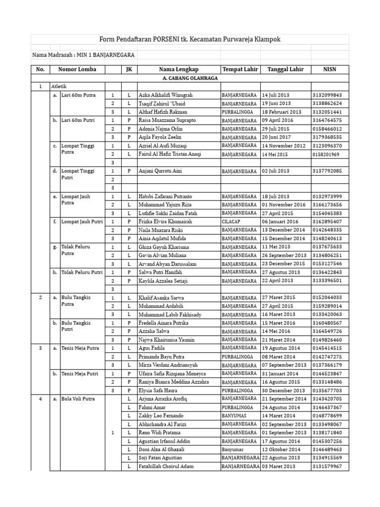 Form Pendaftaran PORSENI 2025 | PDF