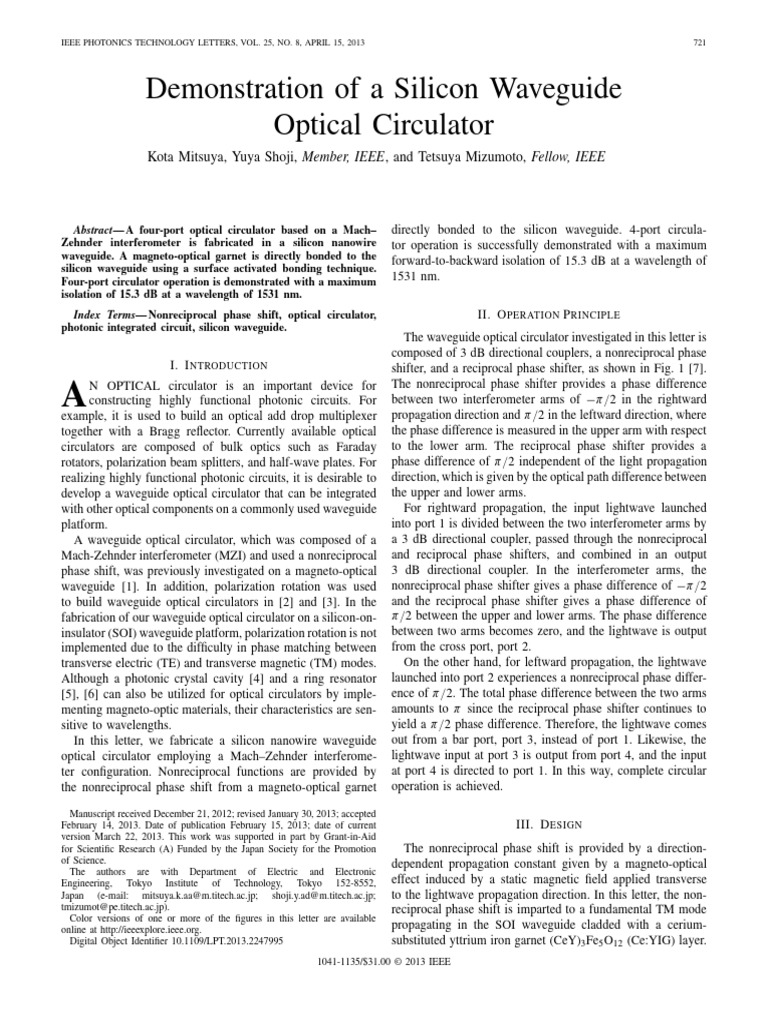 Demonstration of A Silicon Waveguide Optical Circulator | PDF | Optical Fiber | Interferometry