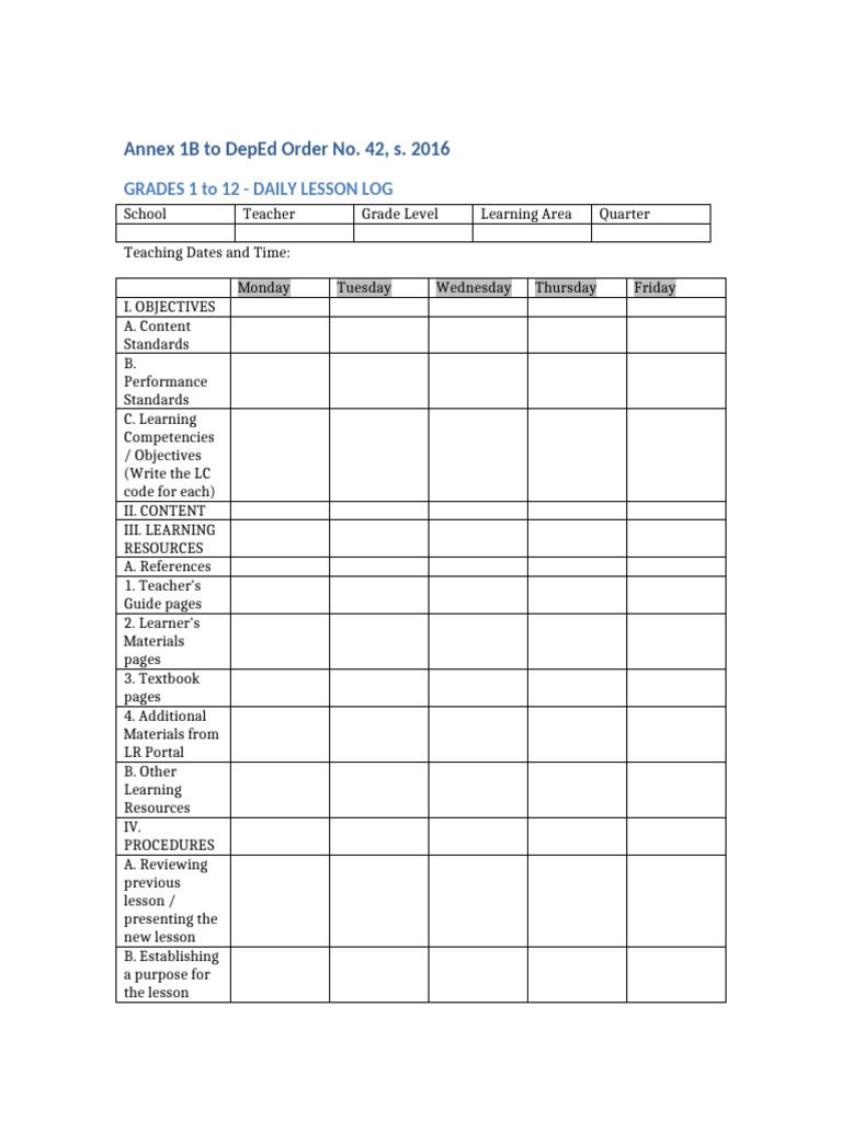 Daily Lesson Log Template for DepEd | PDF