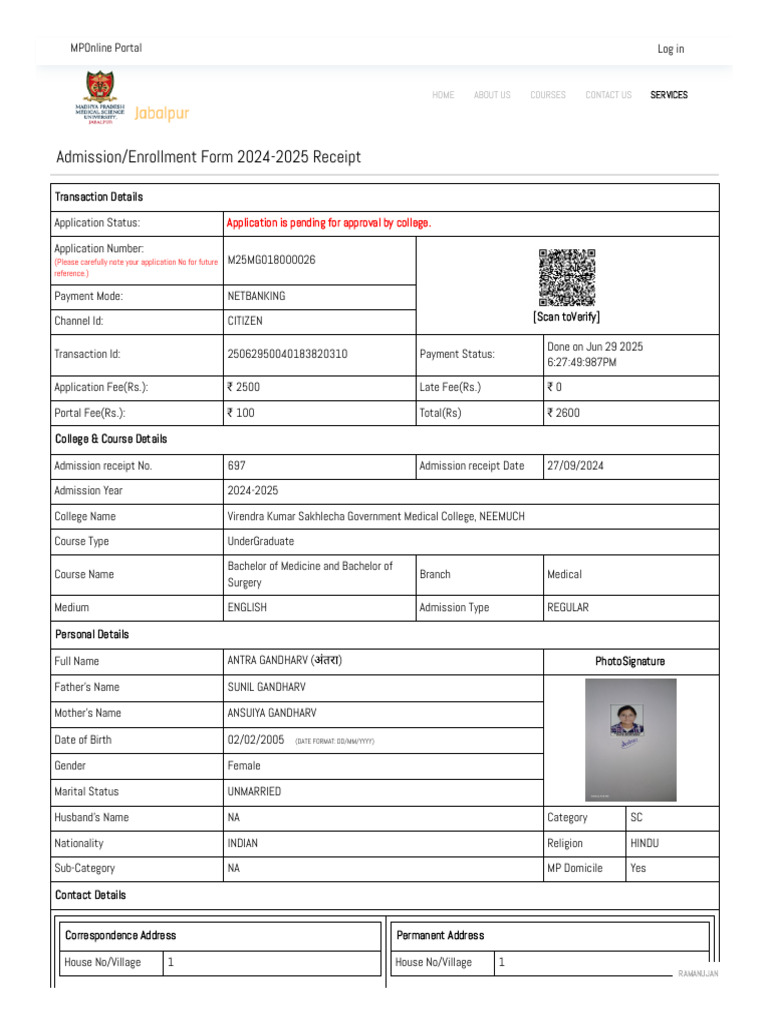Admission - Enrollment Form Receipt | PDF