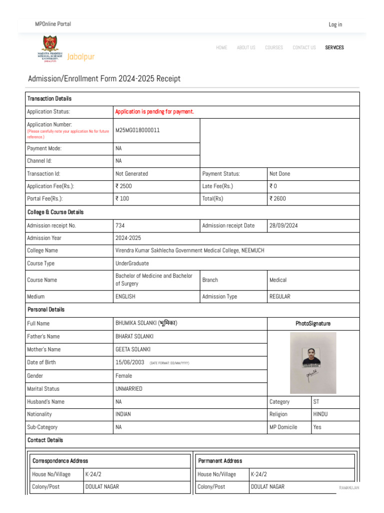Admission - Enrollment Form Receipt | PDF