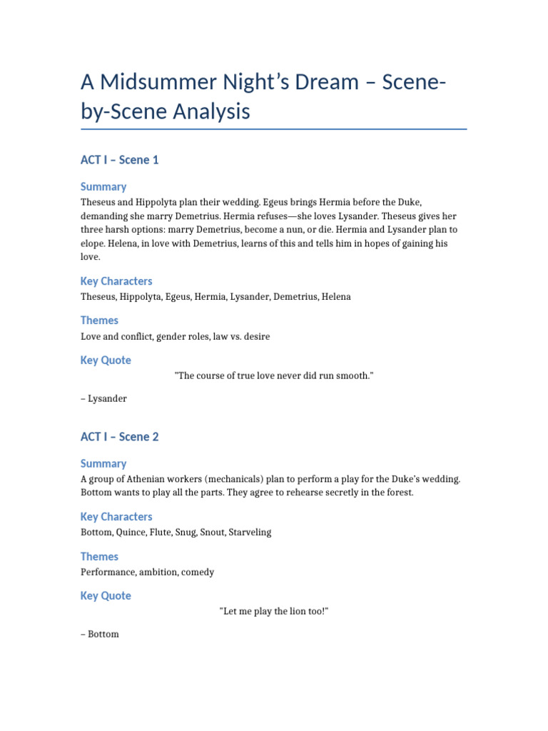 Midsummer Scene by Scene Notes | PDF | A Midsummer Night's Dream