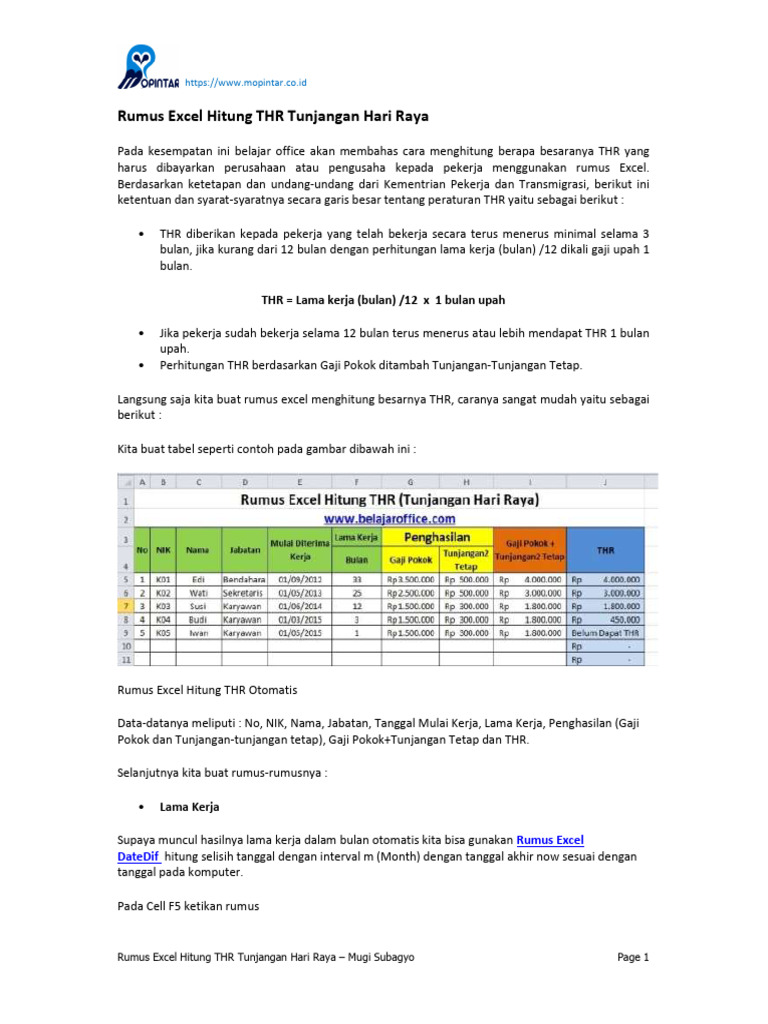 Rumus Excel Hitung THR Tunjangan Hari Raya | PDF