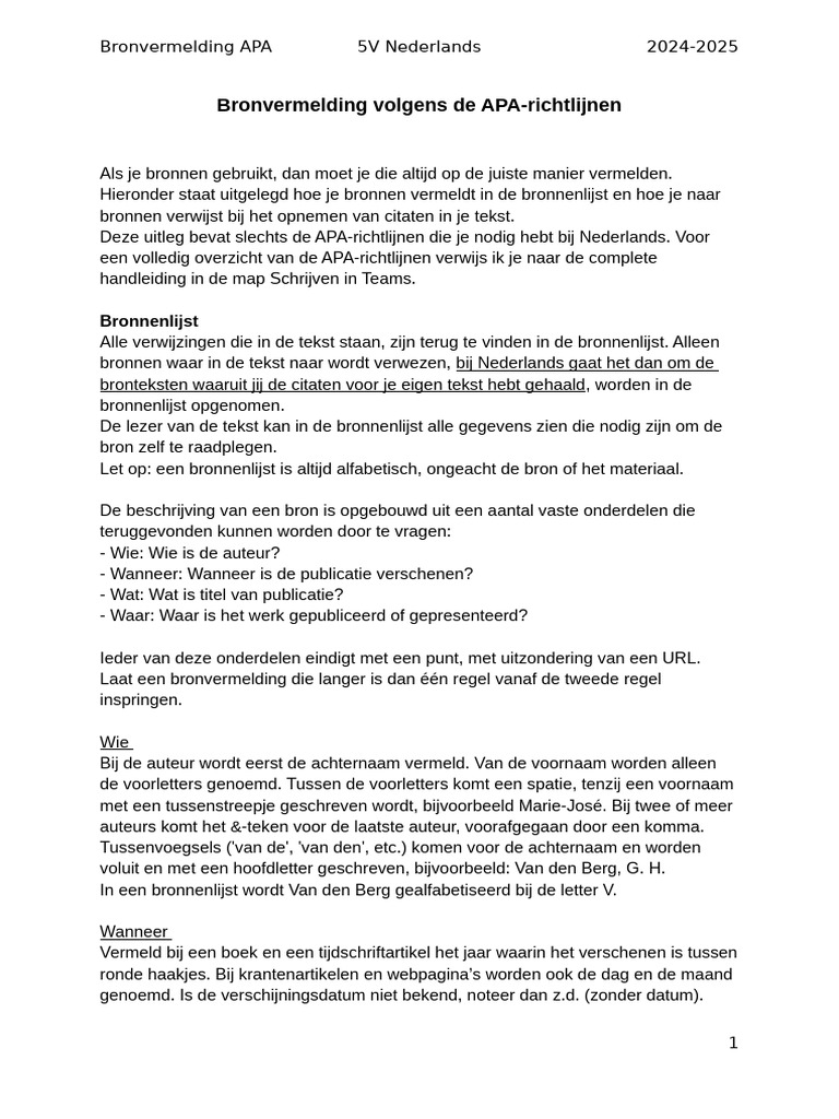 Bronvermelding Volgens de APA-richtlijnen VWO | PDF