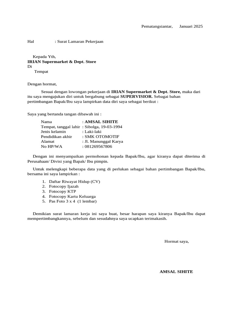 Lamaran Pekerjaan Amsal Sihite | PDF