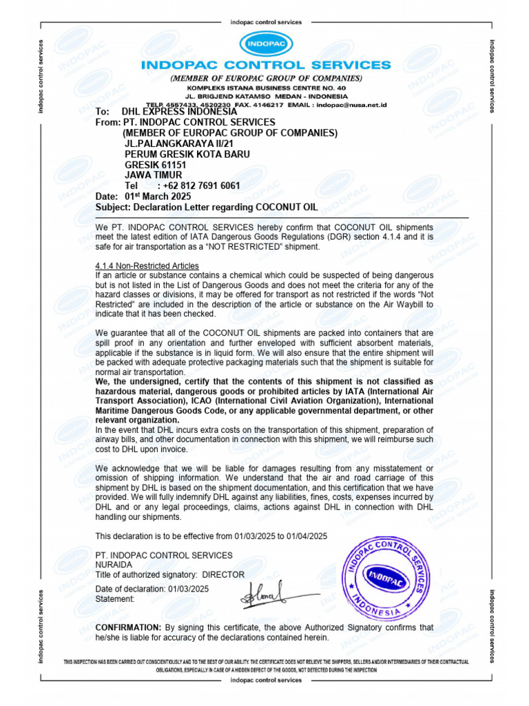 Declaration Letter | PDF | Dangerous Goods