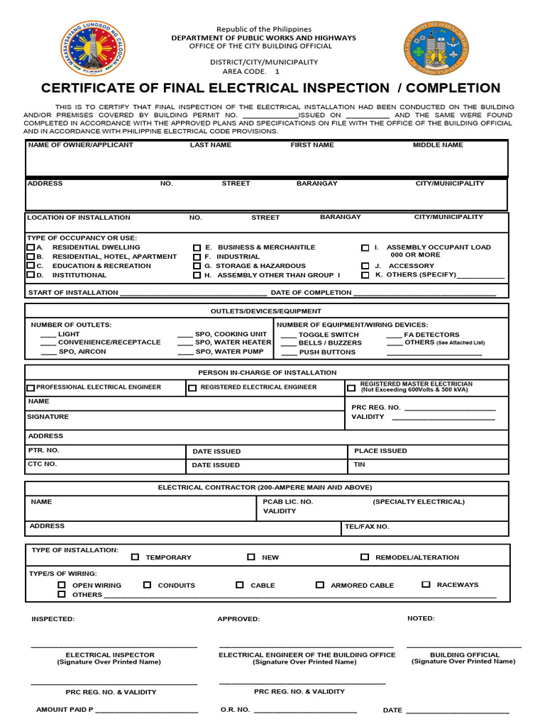 Final Electrical Inspection Certificate | PDF | Electrical Wiring ...