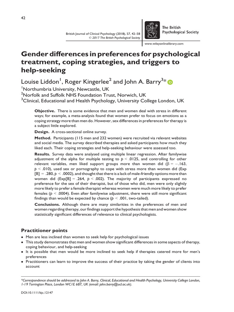 Gender Differences in Preferences For Psychological Treatment Coping ...
