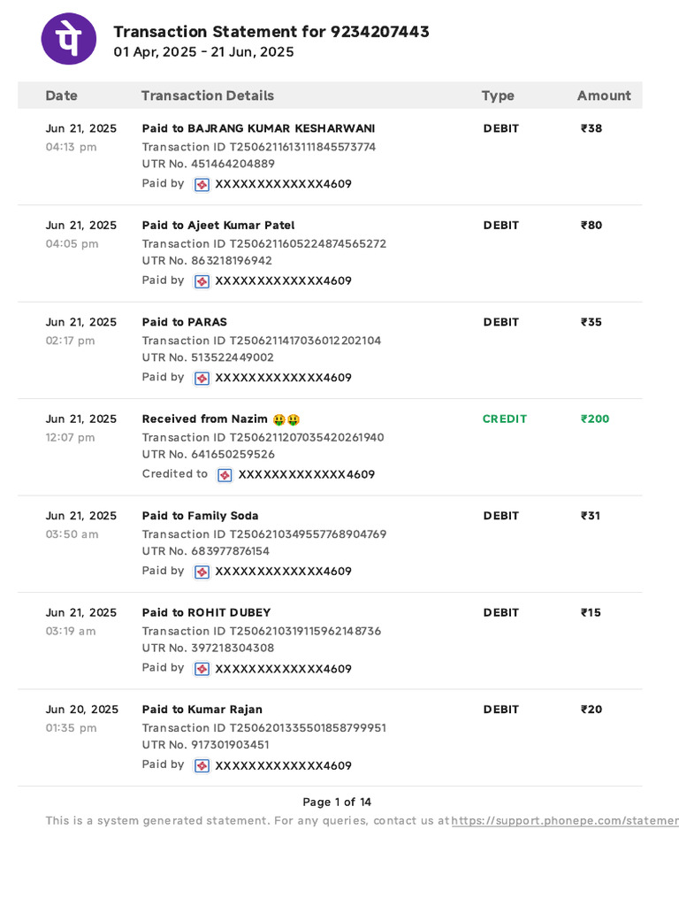 PhonePe Statement Apr2025 Jun2025 | PDF | Debit Card | Debits And Credits
