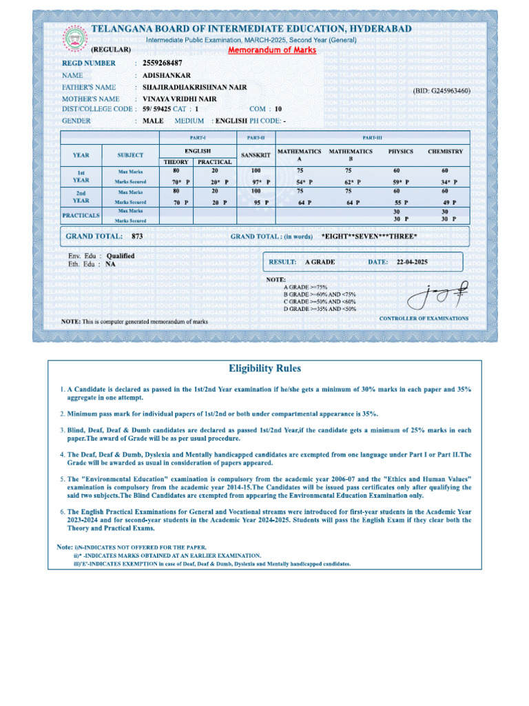 Intermediate Marksheet | PDF
