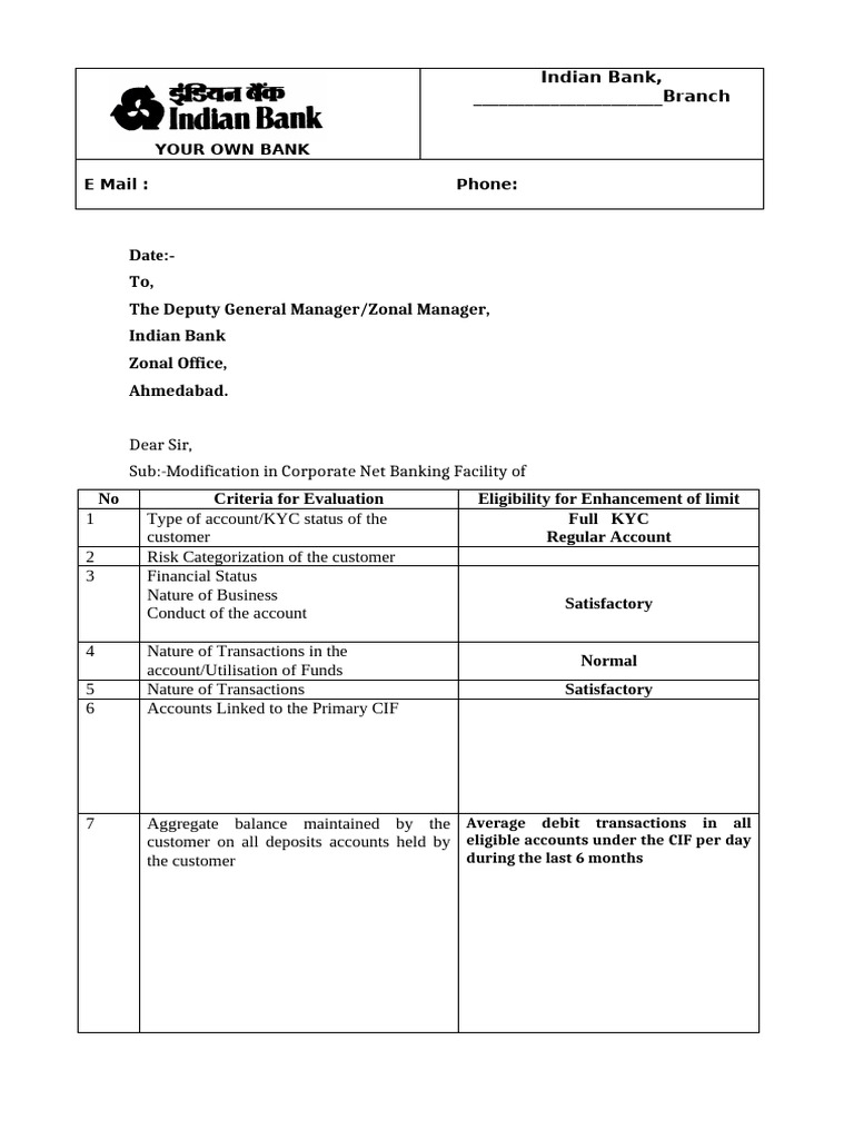 Limit Enhancement For Corporate Net Banking | PDF