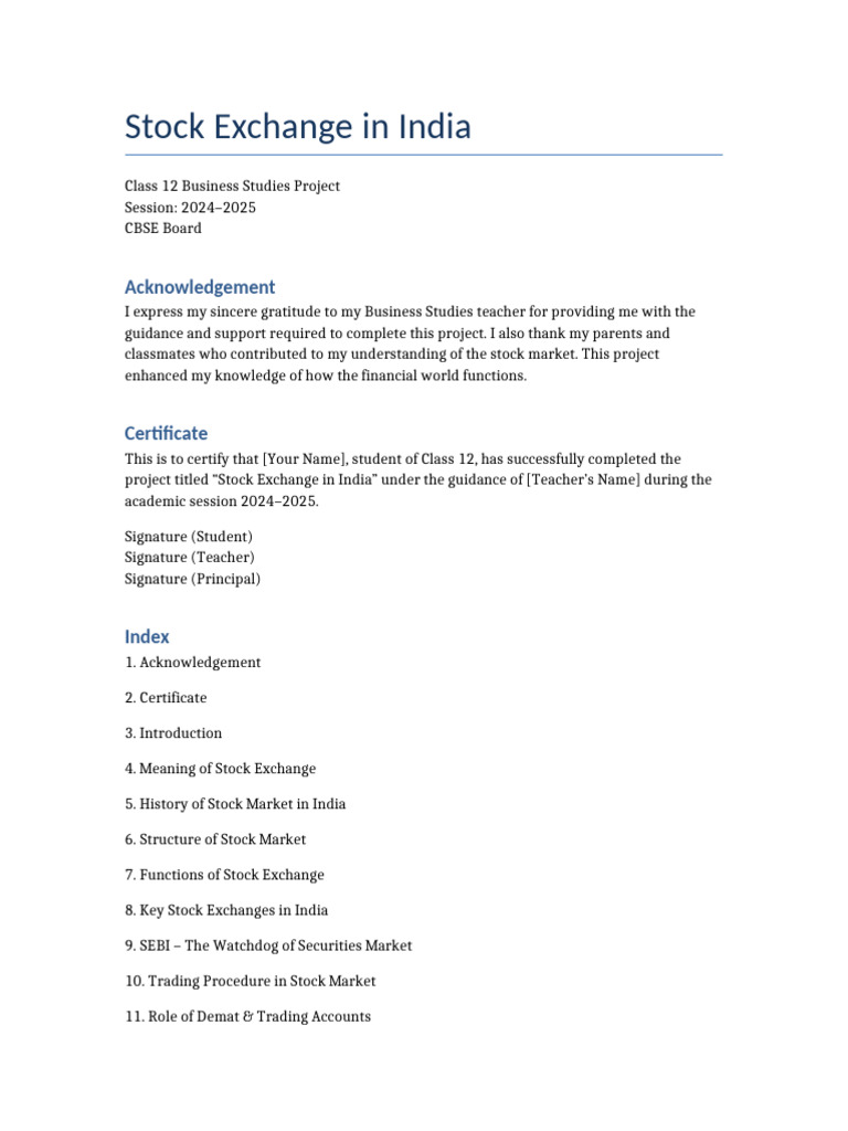 Final Stock Exchange Project Class12 | PDF | Stock Market | Stocks