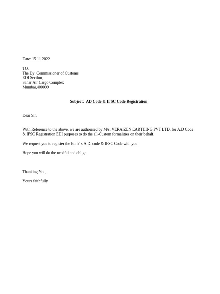 Ad Code Ifsc Authority Letter | PDF