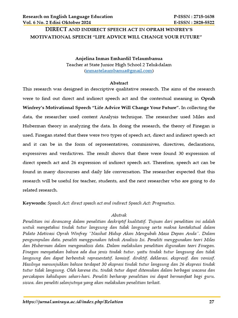 Analyzing Speech Acts in Oprah's Speech | PDF | Question | Semantics
