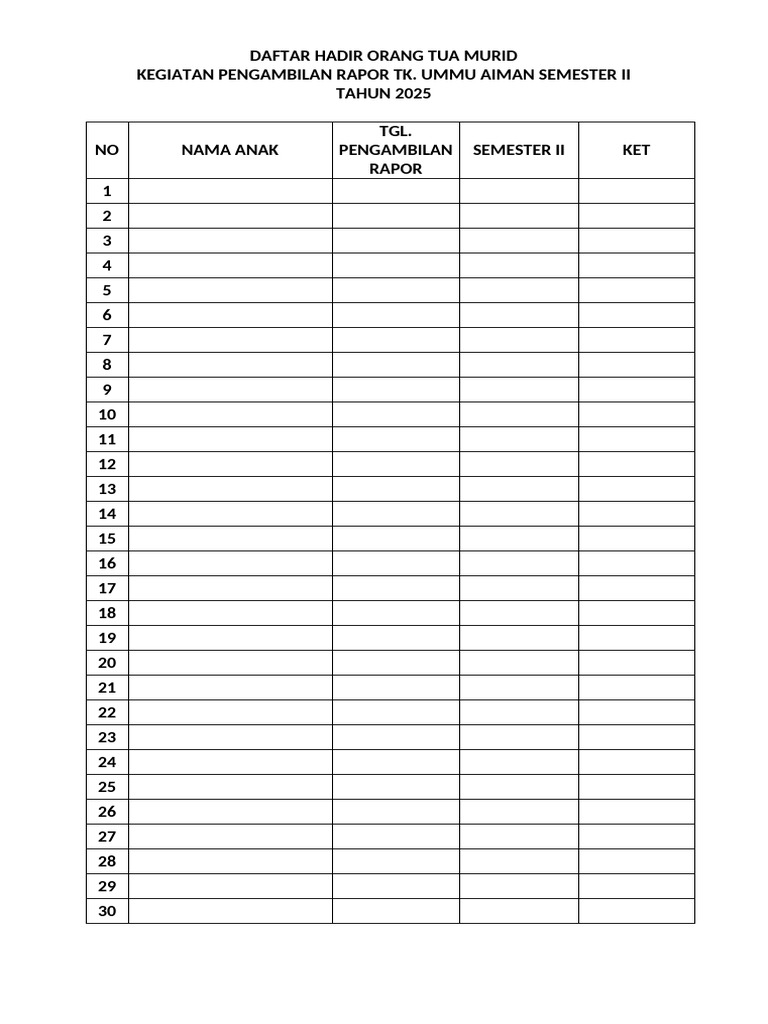 Daftar Hadir Orang Tua Murid TK Ummu | PDF