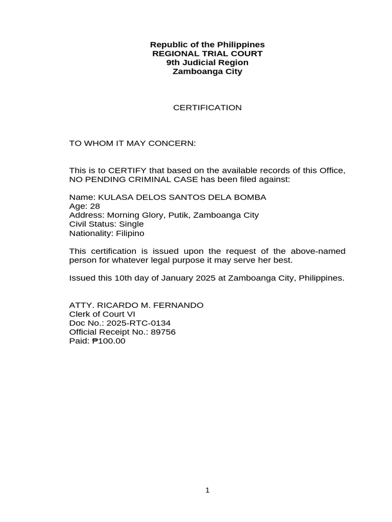 RTC Clearance Certification for Kulasa Dela Bomba | PDF