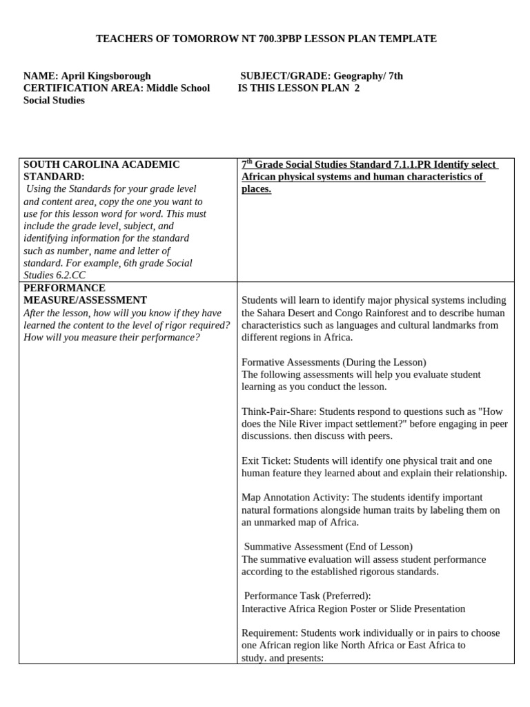 Africa Geography Lesson Plan for 7th Grade | PDF | Geography | Lesson Plan
